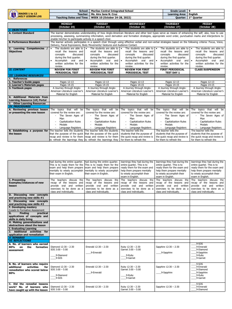 Daily Lesson Log - English 9 - Week 9 | PDF | Learning | Teachers