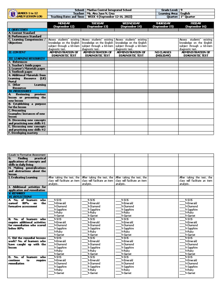 Daily Lesson Log - English 9 - Week 4 | PDF
