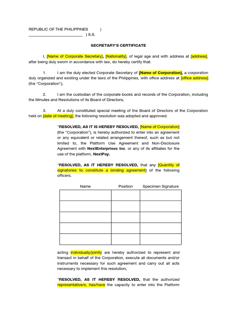 Corporate Secretary's Certificate Template | PDF | Government | Justice