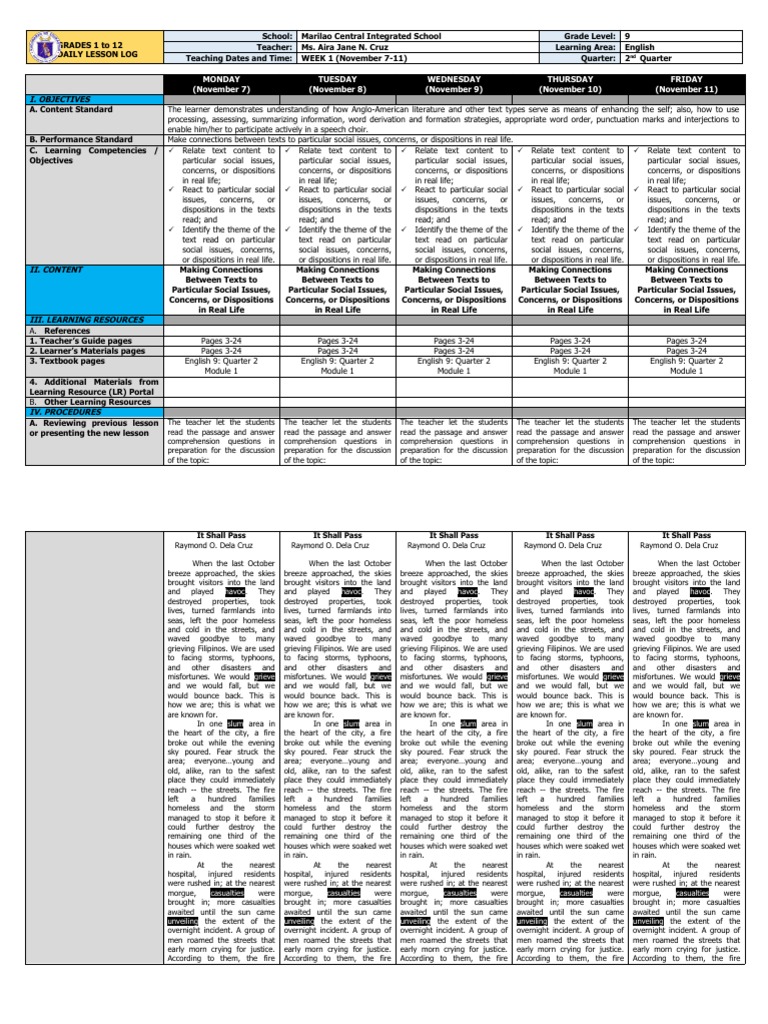 Dll English 9 Q2 Week 1 Pdf Learning