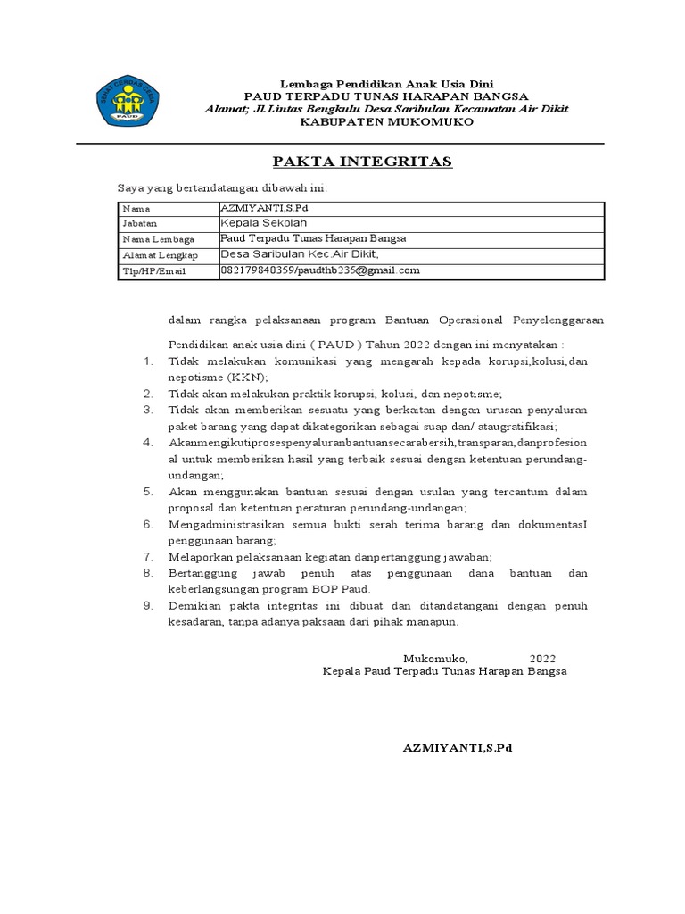 Contoh Fakta Integritas Dan SPTJM 2022 THB | PDF