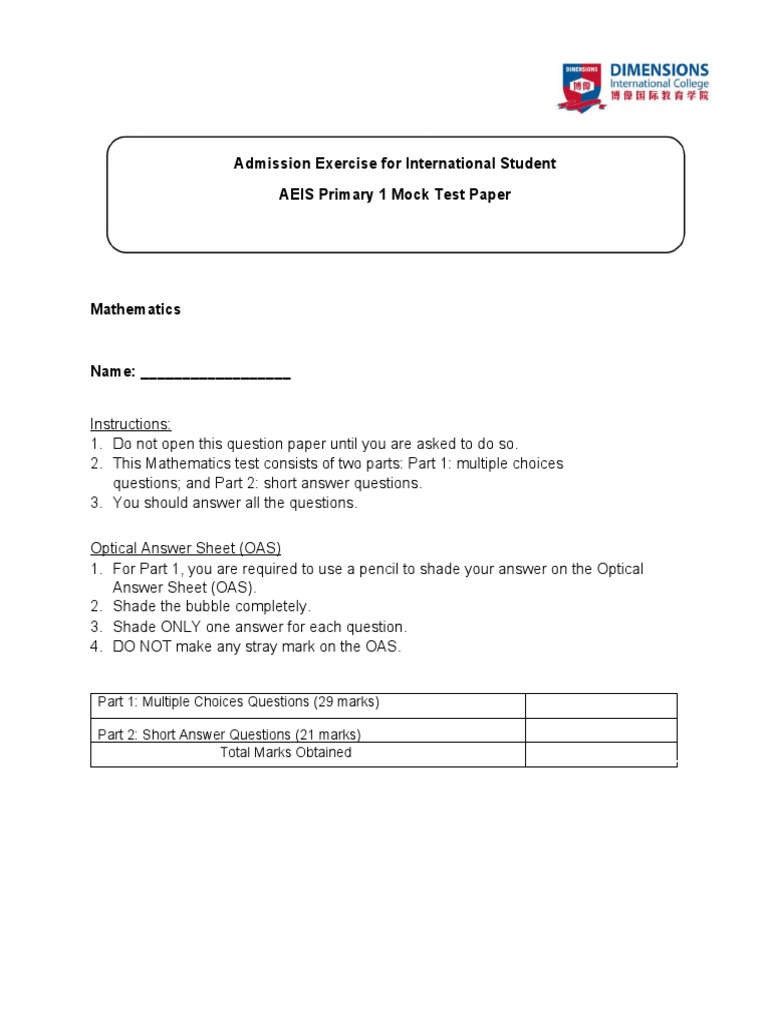 AEIS Primary 1 Math Mock Test Paper | PDF | Games & Activities