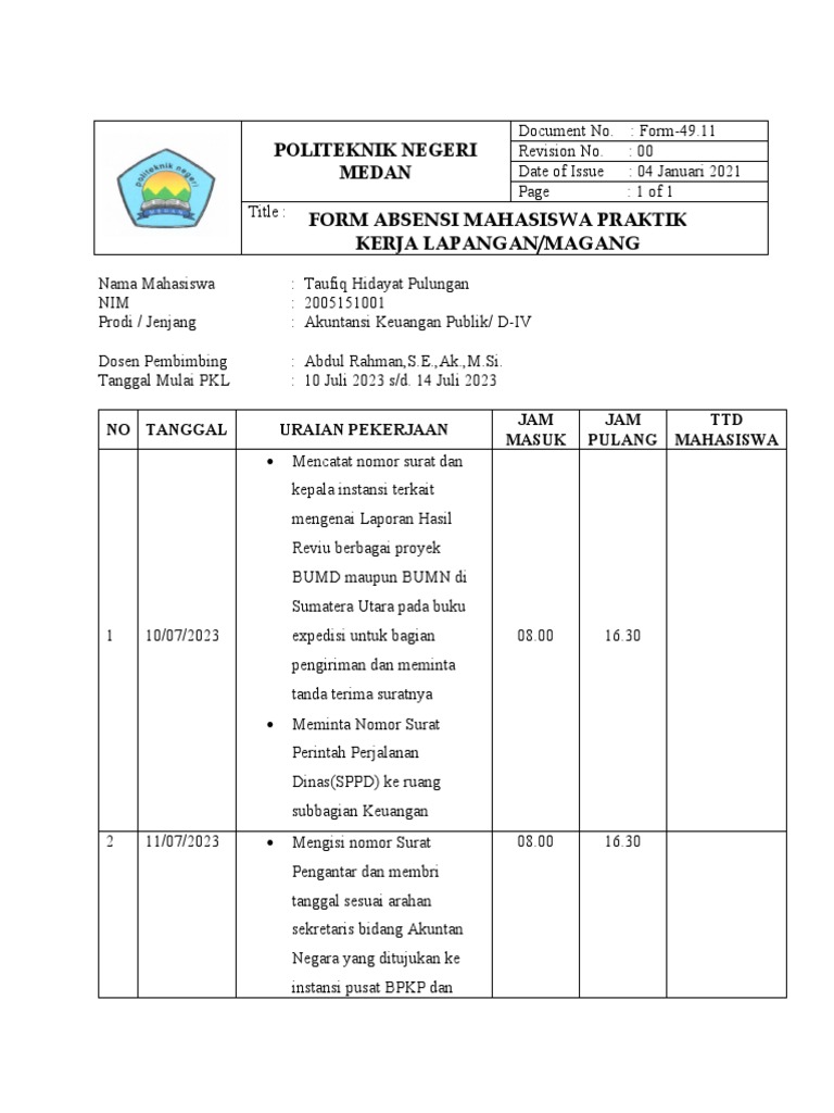 Laporan Absen Magang Minggu 2 (THP) | PDF