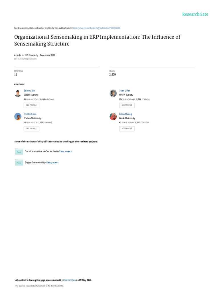 Organizational Sensemaking in ERP Implementation: The in Uence of Sensemaking Structure | PDF ...