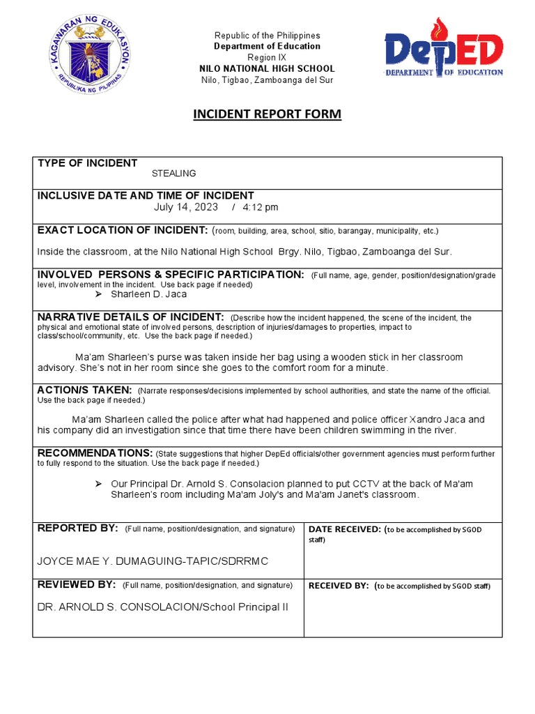 Incident Report Form Type of Incident in | PDF