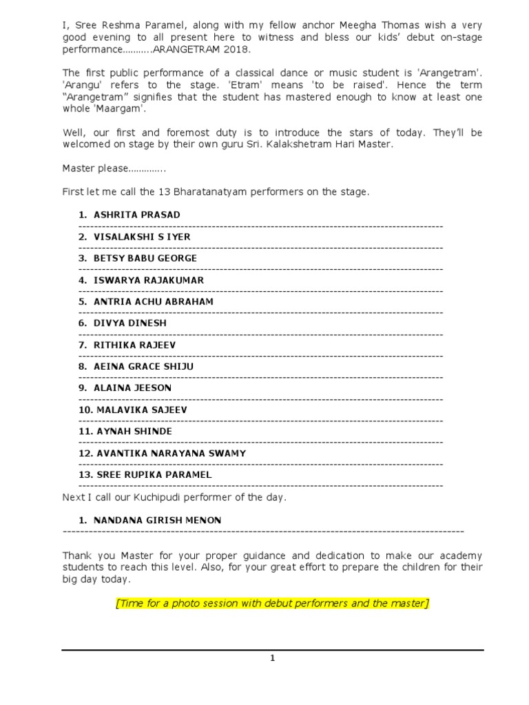 Arangettam-2018 - Anchoring Script - V1 | PDF | Performing Arts