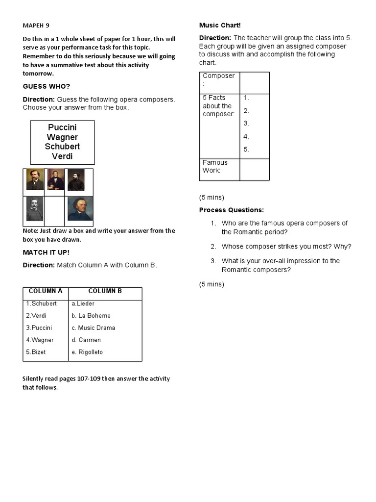 Music 9 Day 1 Week 2 Activity Sheet | PDF