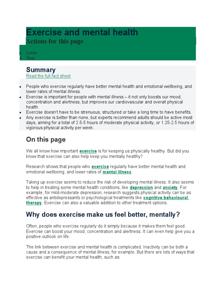 Exercise and Mental Health | PDF | Mental Health | Mental Disorder