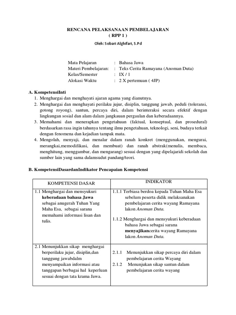 Rencana Pelaksanaan Pembelajaran (RPP 1) : Oleh: Sobari Alghifari, S.PD ...
