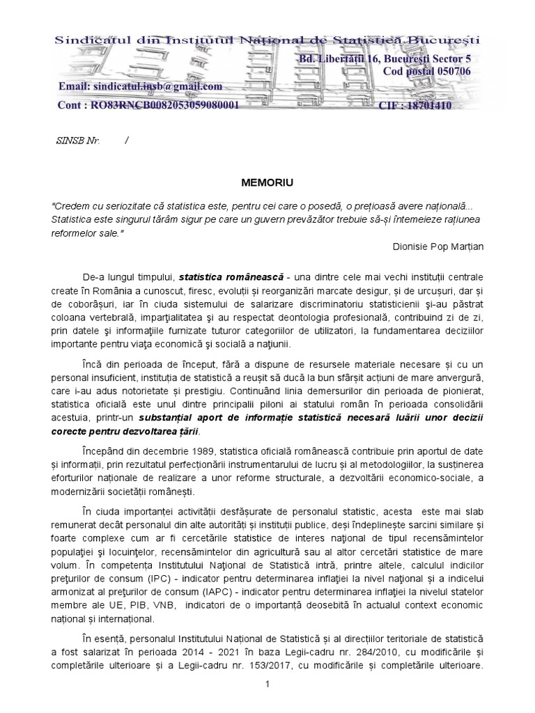 Memoriu Salarizare Institutul National de Statistica | PDF