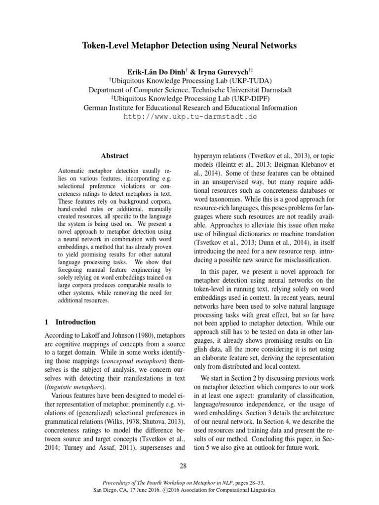 Token-Level Metaphor Detection Using Neural Networks | PDF | Part Of Speech | Computational ...