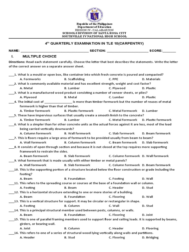 4TH QUARTER EXAM in CARPENTRY 10 | PDF | Framing (Construction) | Wall