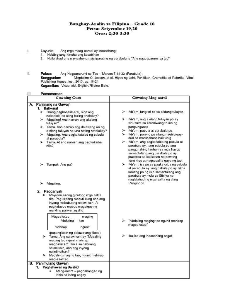 Banghay Aralin Sa Filipino Grade 10 | PDF