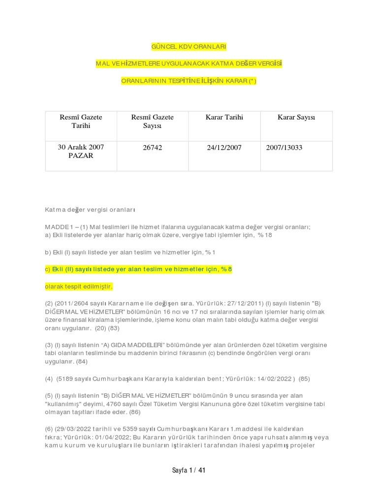 Gi̇b - Güncel KDV Oranlari | PDF