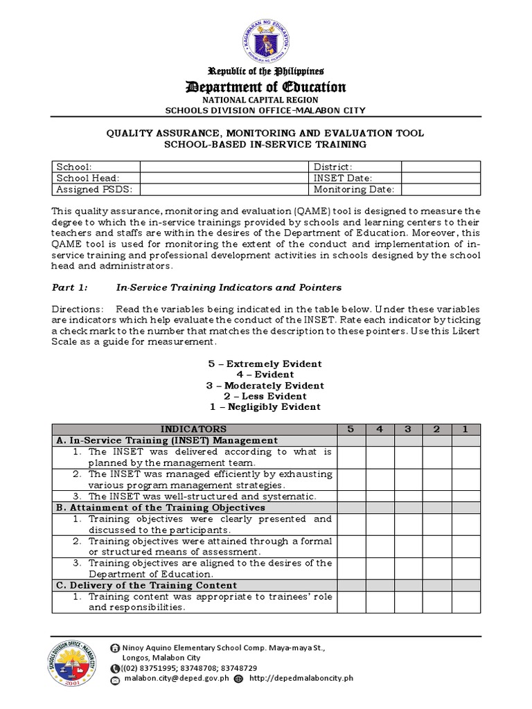 Monitoring Tool For School Based INSET | PDF | Cognition