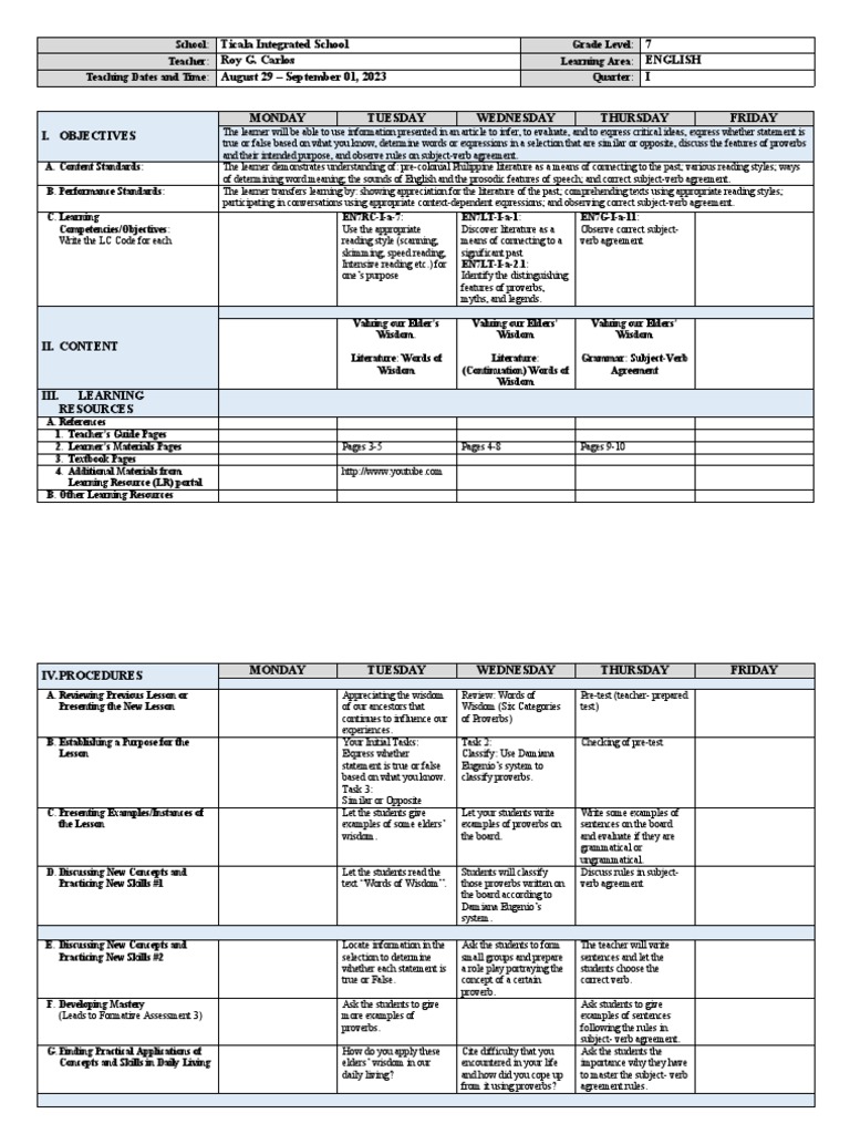 G7 English DLL - Q1 - Week 1 | PDF