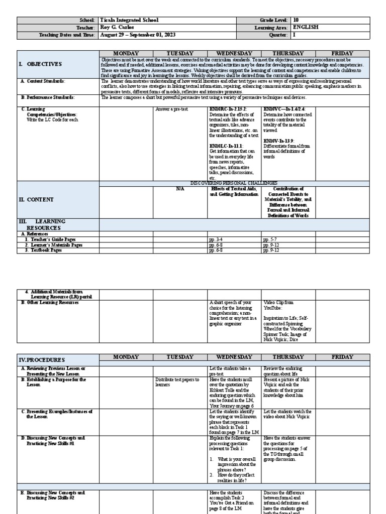 G10 English DLL - Q1 - Week 1 | PDF