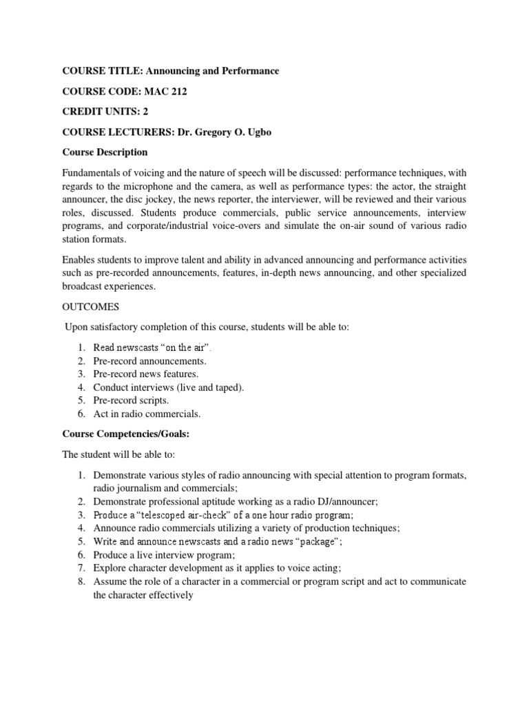 MAC 212 Announcing and Performance | PDF