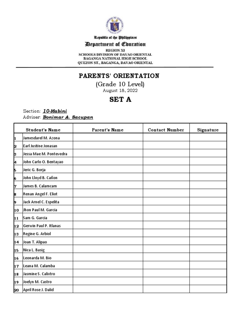 Parents Orientation Attendance Sheet | PDF