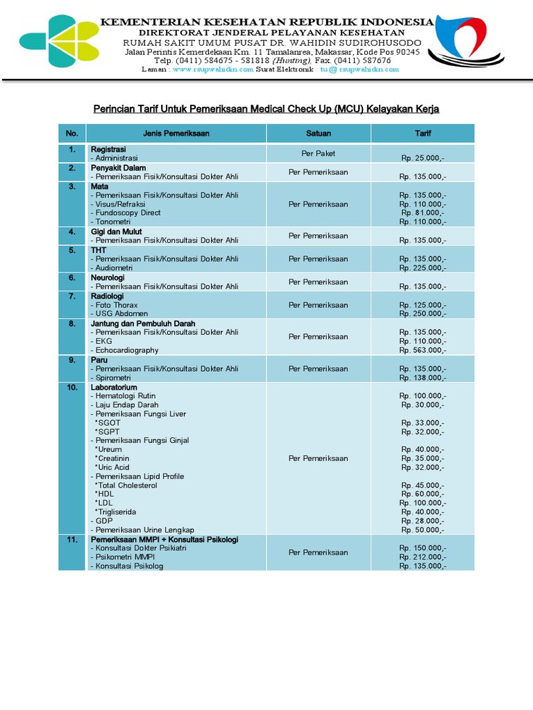 Tarif MCU RSUP Wahidin Sudirohusodo | PDF
