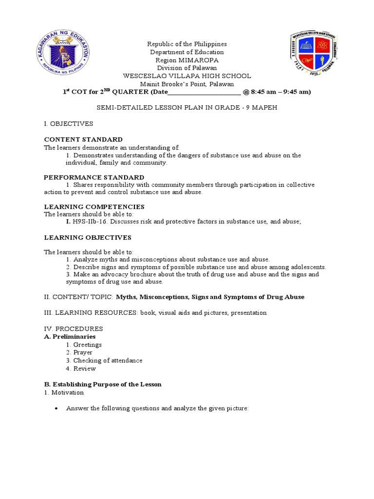 Grade 9 MAPEH Lesson Plan on Drug Abuse | PDF | Substance Abuse ...