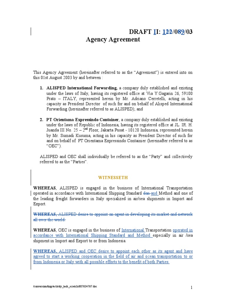 Agency Agreement Between ALISPED and OEC | PDF