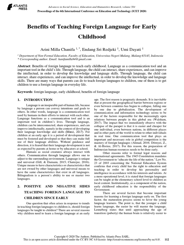 Benefits of Teaching Foreign Language For Early Childhood: Arini Milla ...