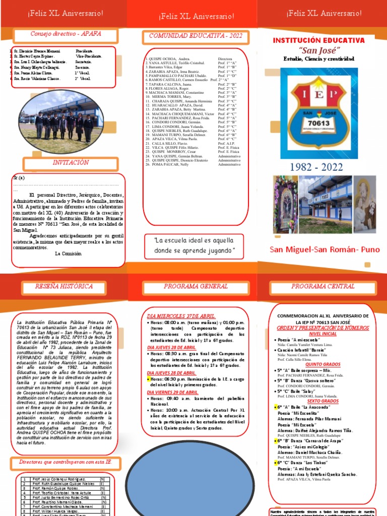 Triptico Aniversario Iep 70613 | PDF | Modificación de comportamiento | Personal educativo