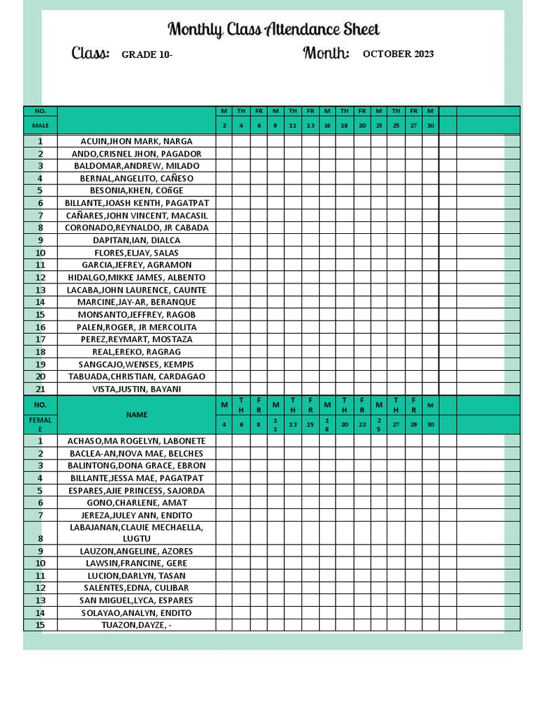 Attendance Sheet 2023-2024 | PDF