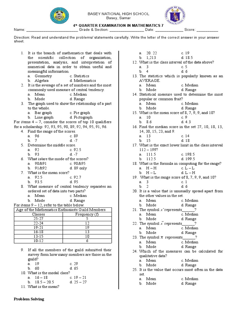 4TH Quarter Exam G7 | PDF