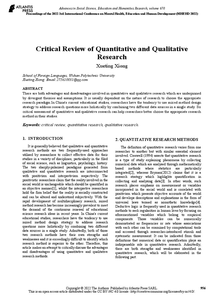 Critical Review of Quantitative and Qualitative Research: Xueting Xiong ...