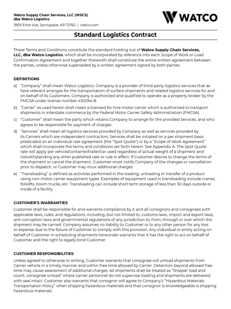 Watco Standard Logistics Contract | PDF | Indemnity | Insurance