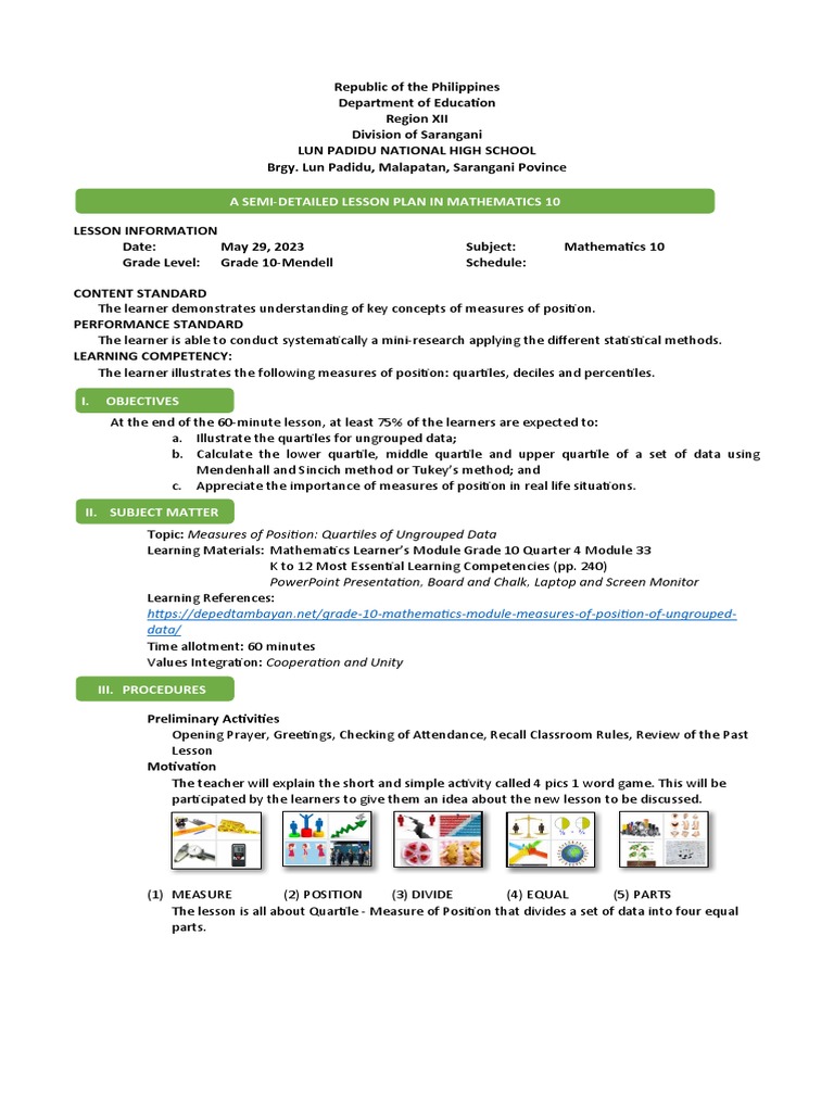 LessonPlan Grade10 Measures of Position Quartiles | PDF | Quartile | Median