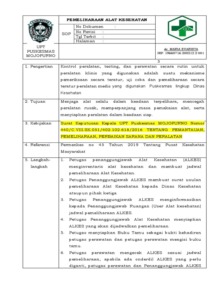 SOP Pemeliharaan Alkes | PDF | Sains & Matematika