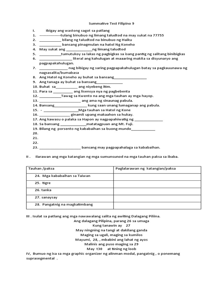 Summative Test Filipino 9 Second Grading | PDF