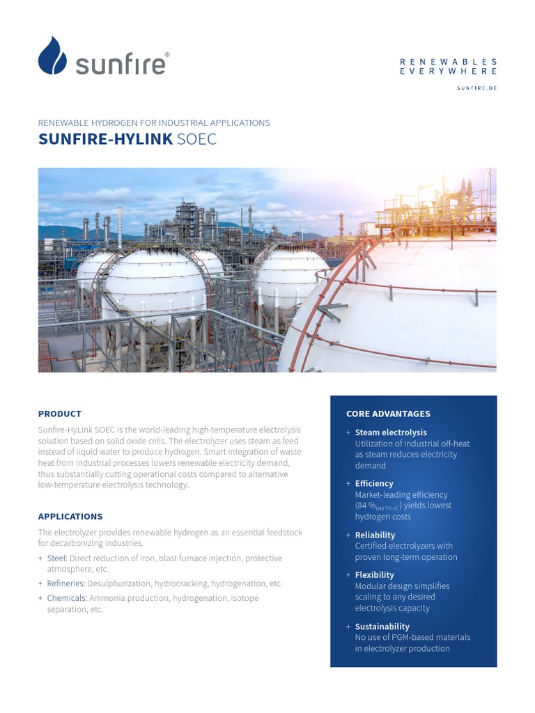 Sunfire Factsheet HyLink SOEC 20210303 | PDF | Hydrogen Economy | Hydrogen