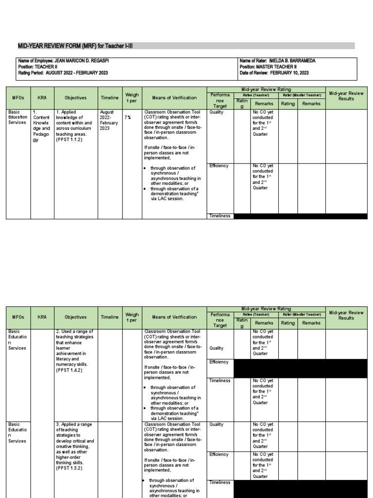 Mid-Year Review Form (MRF) For Teacher I-Iii: Education | PDF ...