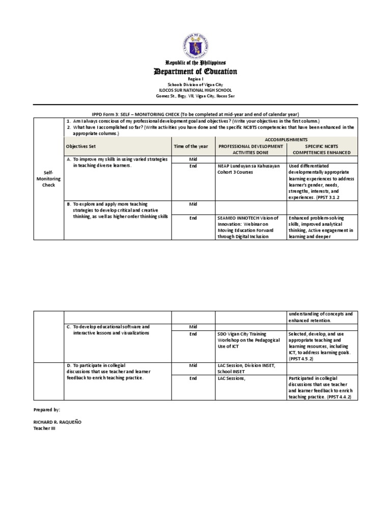 IPPD Form 3-SELF-MONITORING CHECK | PDF | Educational Technology | Learning
