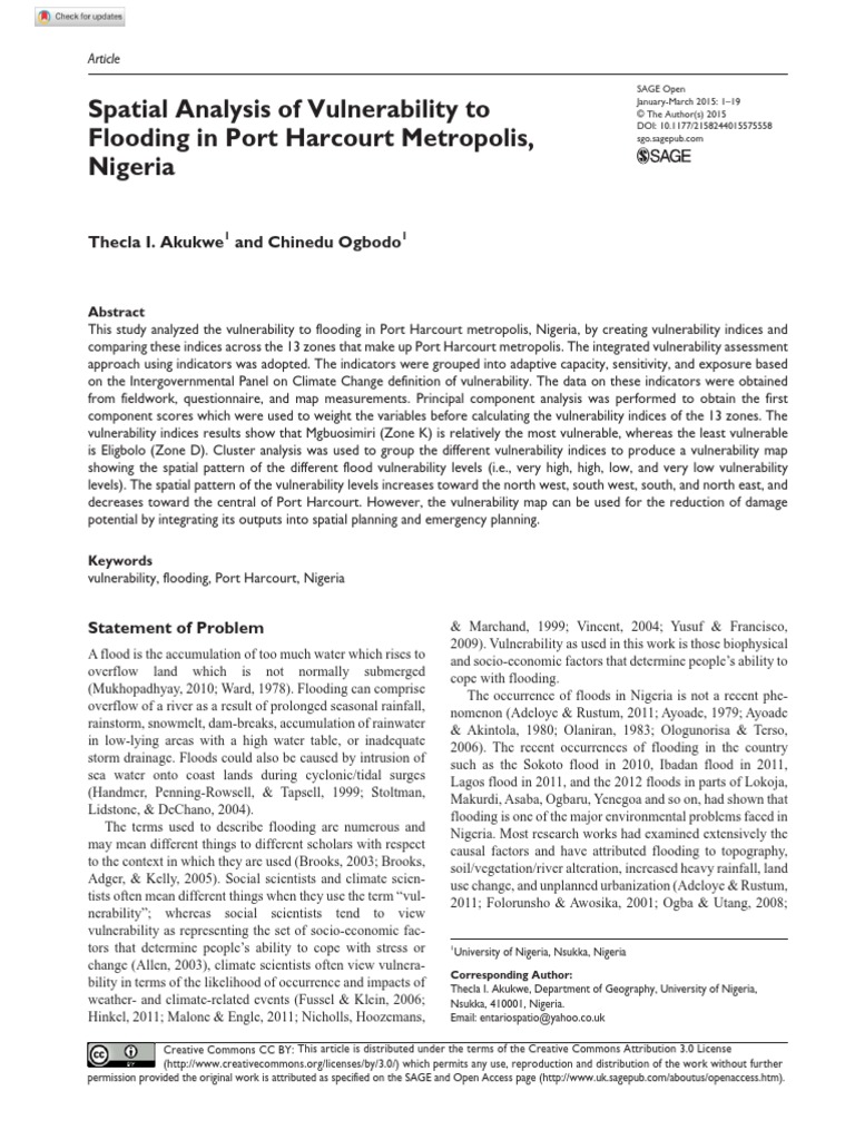 Spatial Analysis of Vulnerability To Flooding in Port Harcourt Metropolis, Nigeria | PDF ...