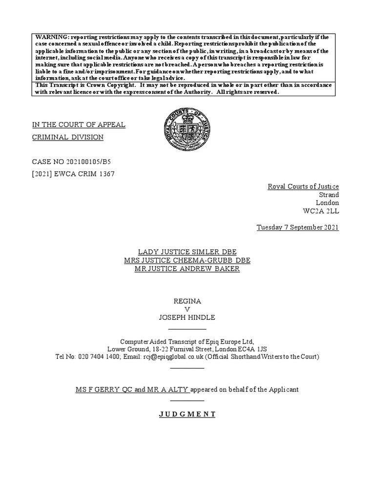 R. V Hindle Joseph 2021 EWCA Crim 1367 | PDF | Witness | Evidence