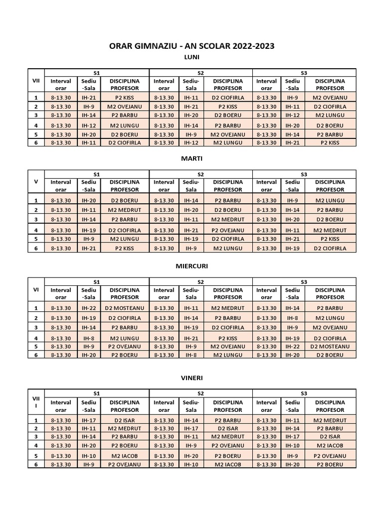 Orar Specialitate Gimnaziu 2022 | PDF