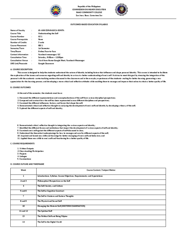 Understanding the Self Syllabus | PDF | Self Concept | Learning