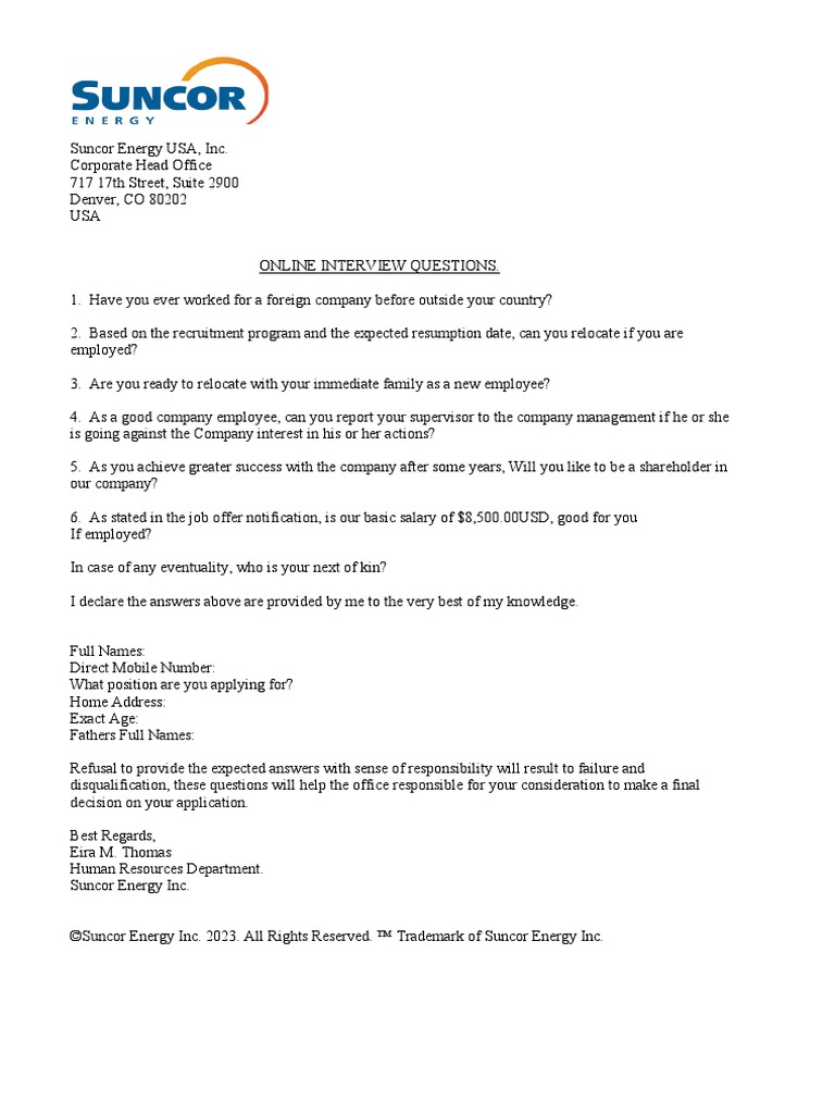 Suncor Energy Online Interview | PDF | Career & Growth