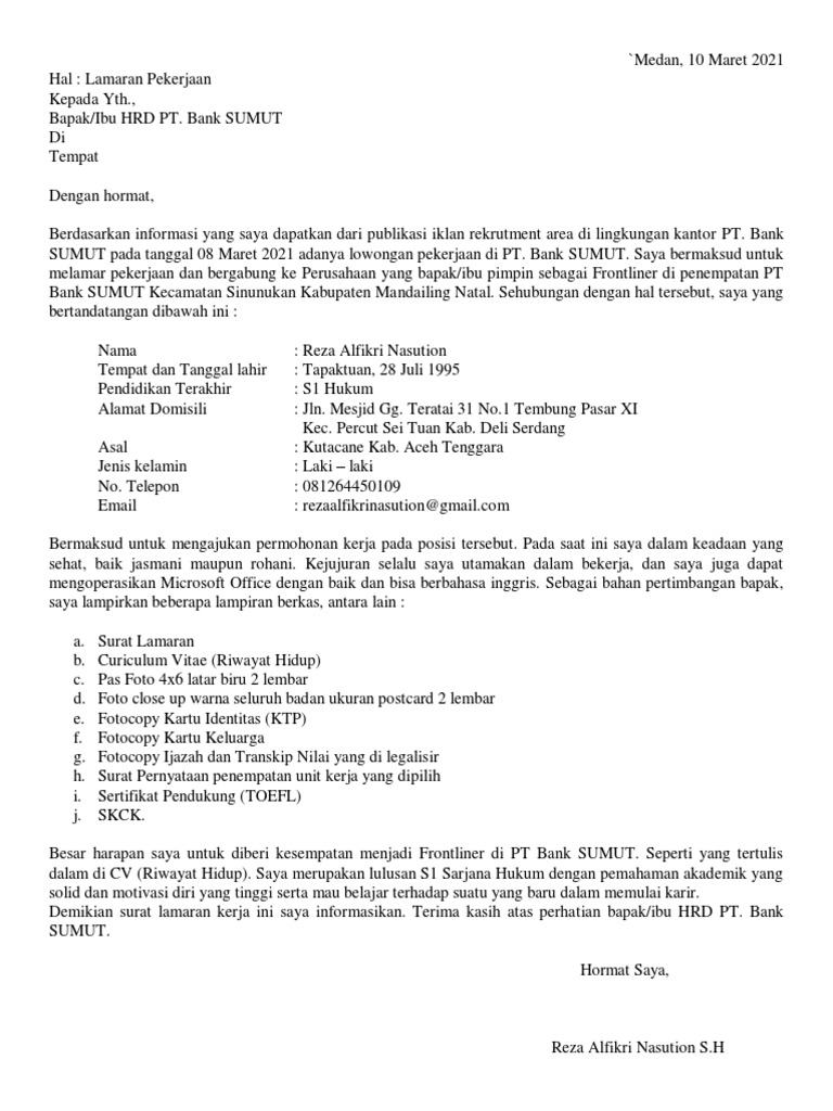 Surat Lamaran Kerja Bank | PDF