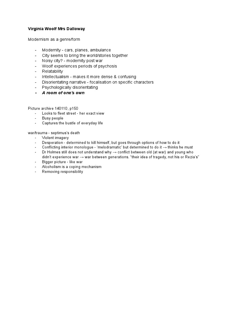 Virginia Woolf Mrs Dalloway Notes | PDF