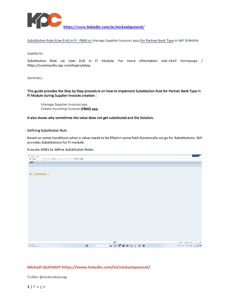 Substitution Rule (User Exit) in FI - FB60 or Manage Supplier Invoices Apps For Partner Bank ...