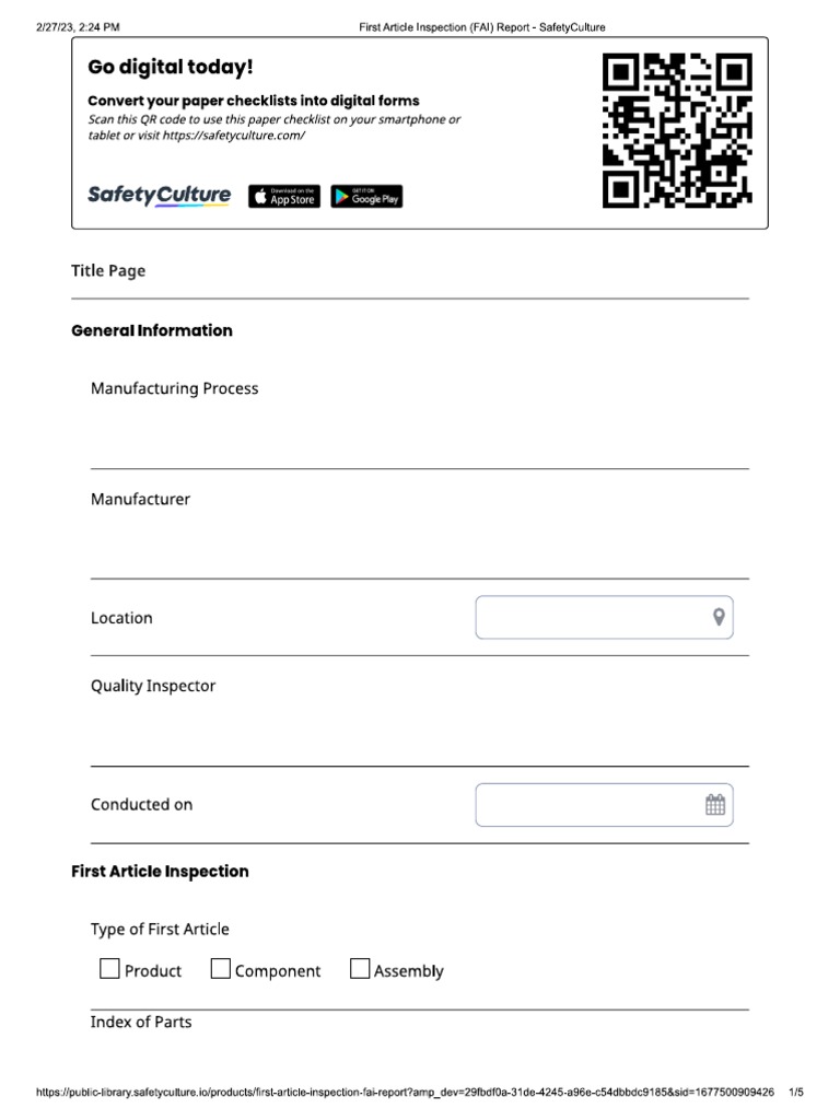 First Article Inspection (FAI) Report - SafetyCulture | PDF | Teaching ...
