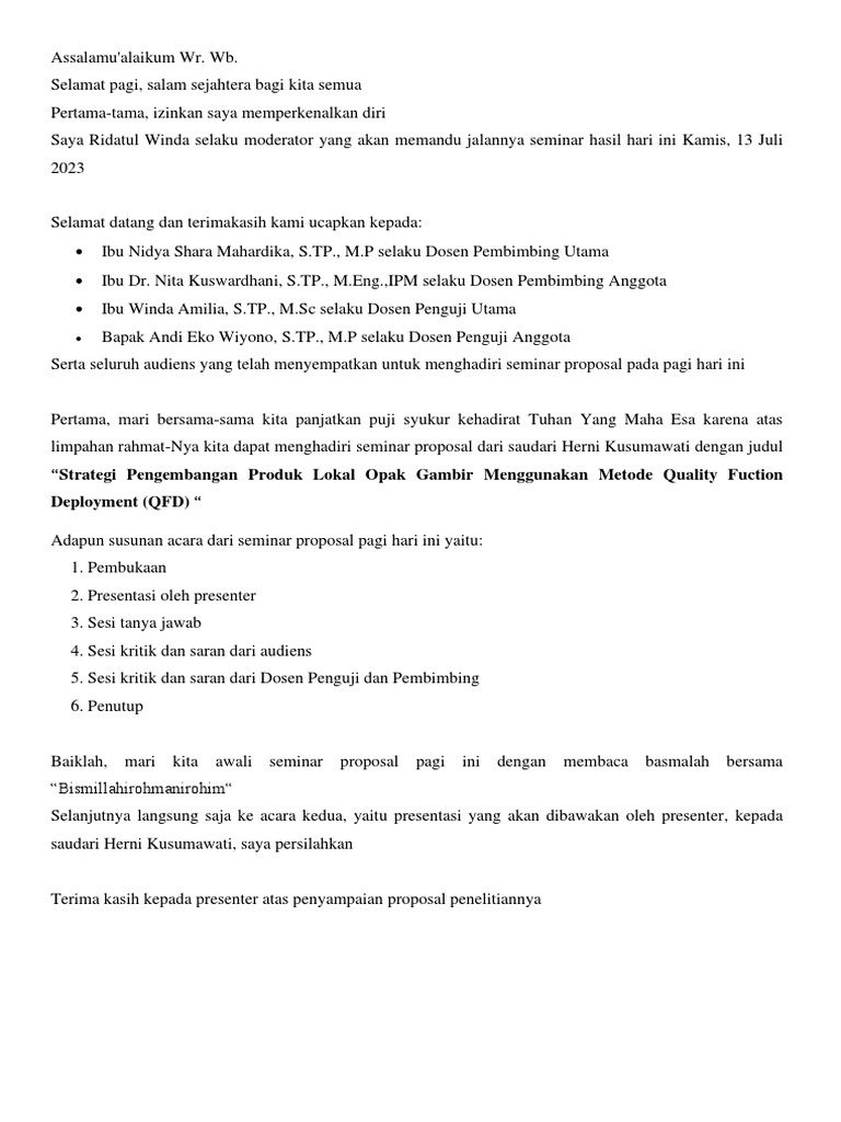 Teks Moderator Seminar Proposal 2023 | PDF