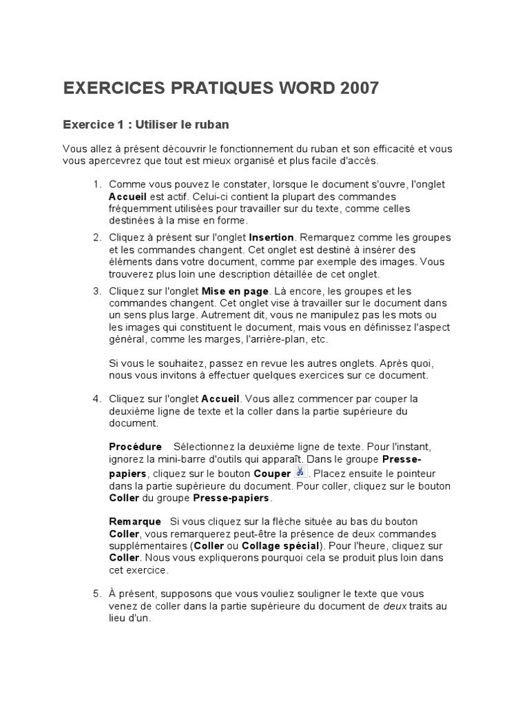 Exercices Word 2007 : Maîtriser le Ruban | PDF