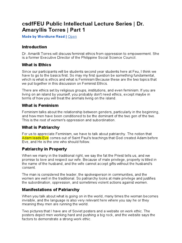 FEU Public Intellectual Lecture Series - Dr. Amary-WT - Summaries | PDF | Gender Studies | Feminism